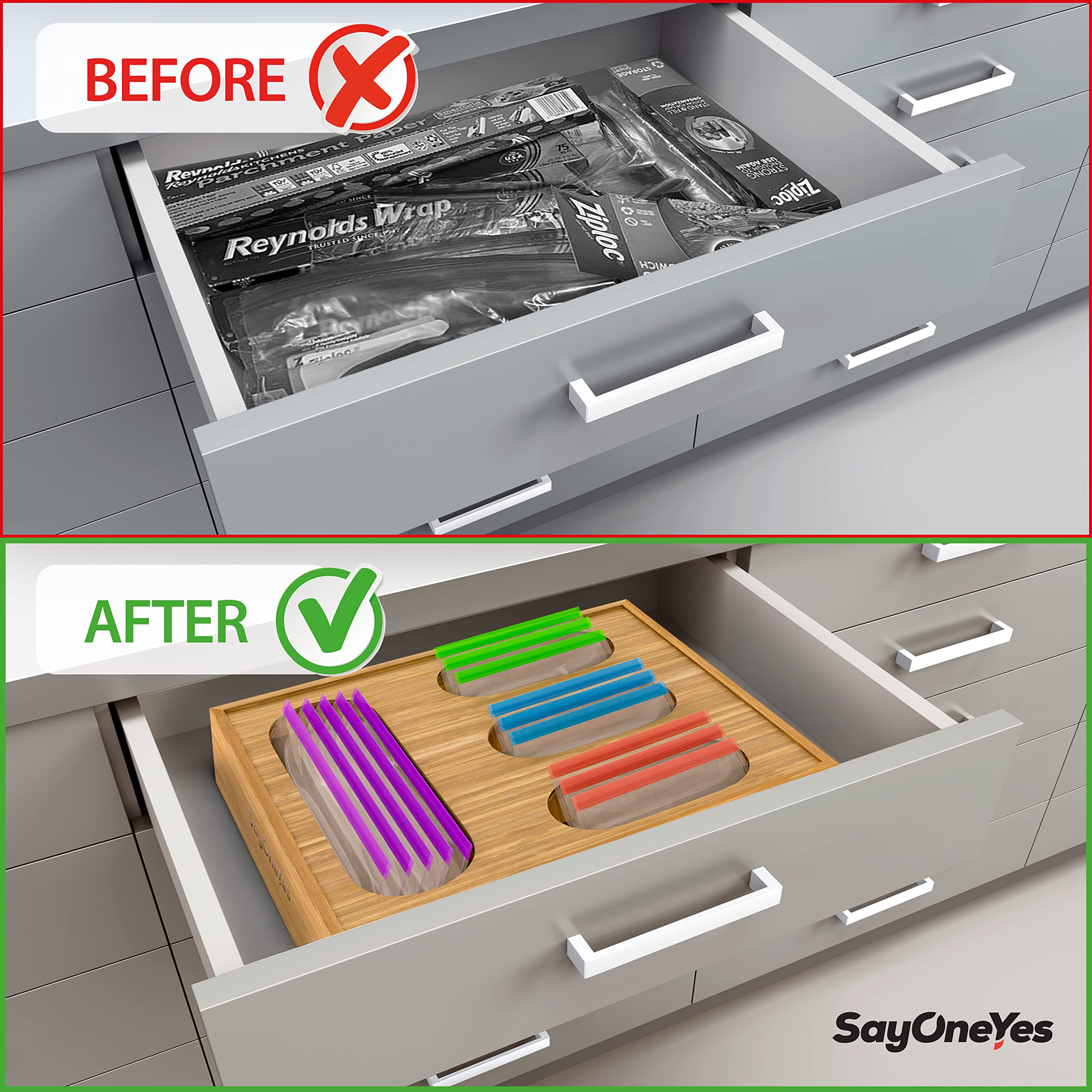 Sayoneyes Ziplock Bag Organizer for Drawer - Premium Bamboo Plastic Bag Storage Organizer for Kitchen β Compatible with Ziploc, Glad, Hefty, Solimo for Gallon, Quart, Sandwich & Variety Size Bags