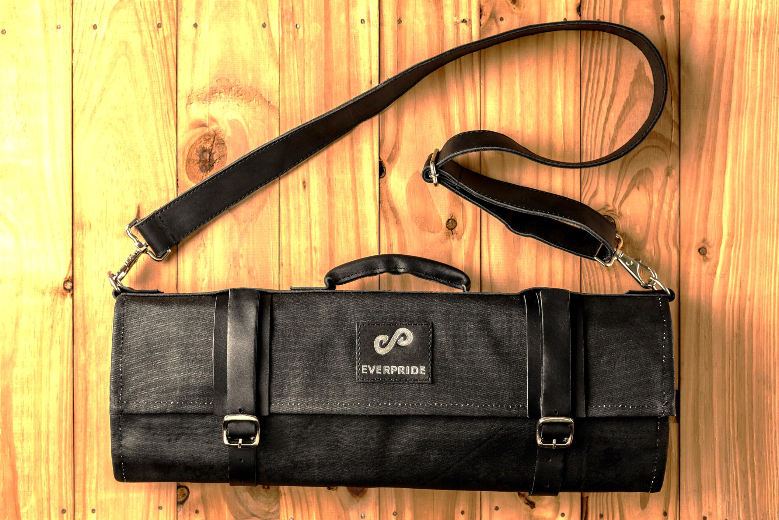 EVERPRIDE Chef Knife Roll Bag Holds 12 Knives and Cooking Tools β Durable, Large Knife Case Made of Canvas and Genuine Leather β Elegant Chef Bag for Professional Cooks β Knives Not Included
