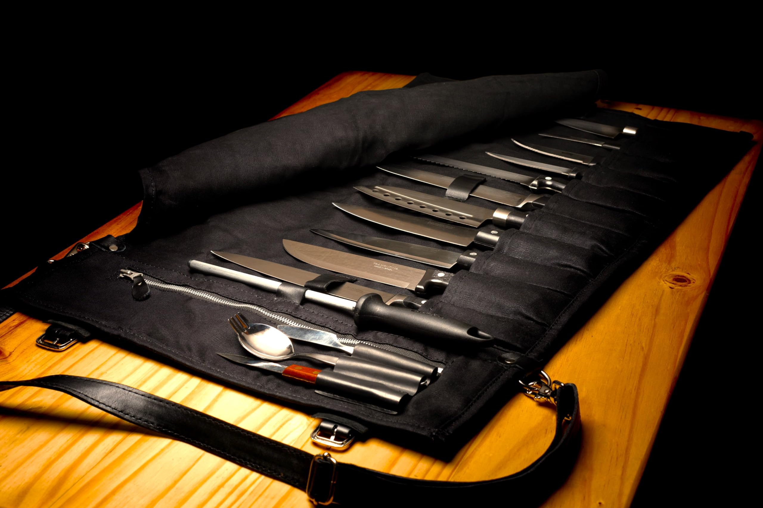 EVERPRIDE Chef Knife Roll Bag Holds 12 Knives and Cooking Tools β Durable, Large Knife Case Made of Canvas and Genuine Leather β Elegant Chef Bag for Professional Cooks β Knives Not Included