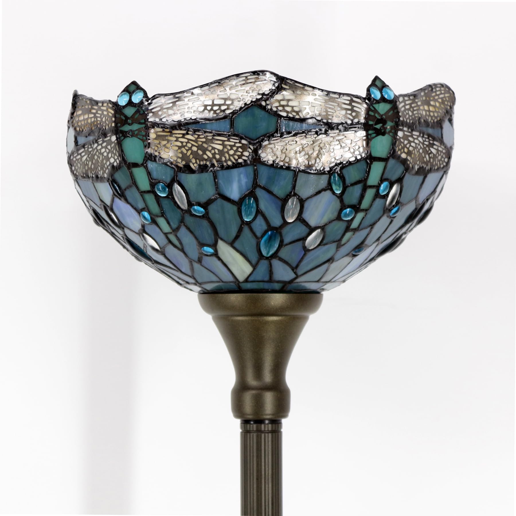WERFACTORY Tiffany Floor Lamp Sea Blue Stained Glass Dragonfly Light 12X12X66 Inches Pole Torchiere Standing Corner Torch Uplight Decor Bedroom Living Room Home Office S147 Series