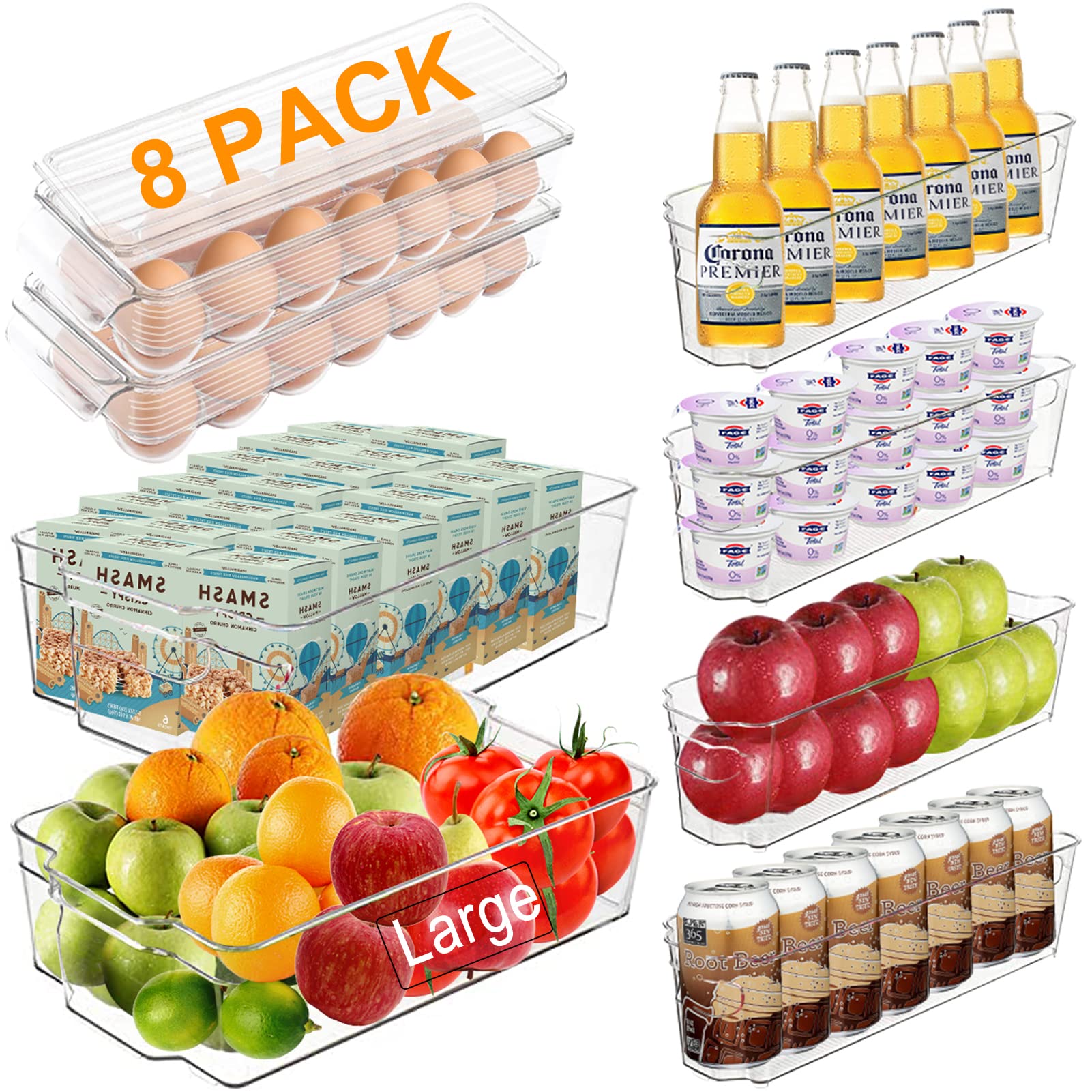 Alpacasso Fridge Organizer Storage Bins Stackable Freezer Kitchen Containers with Handles BPA Free Clear Organization Fridge Stackable Organizer for Cabinet Drawer and Pantry Pack of 8