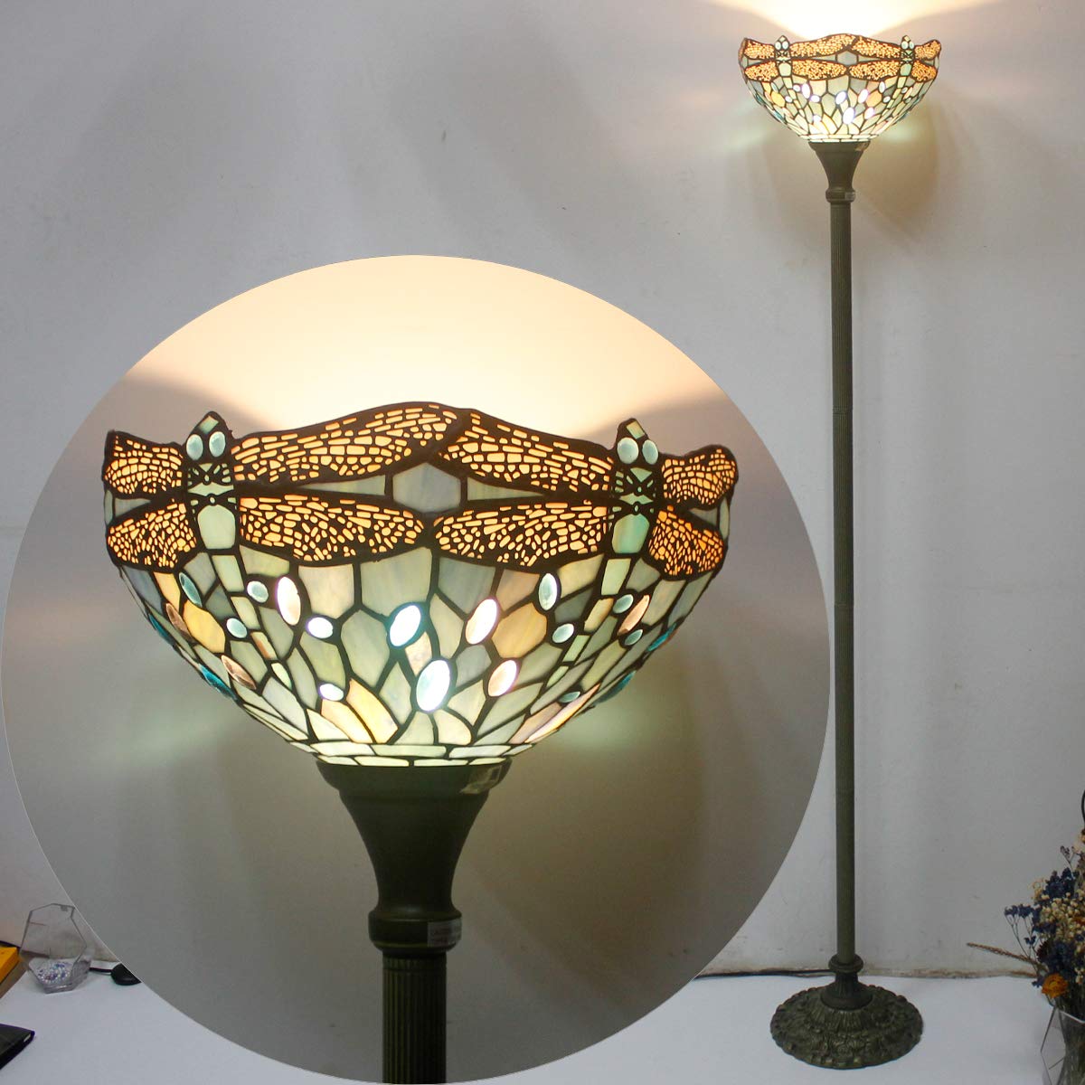 WERFACTORY Tiffany Floor Lamp Sea Blue Stained Glass Dragonfly Light 12X12X66 Inches Pole Torchiere Standing Corner Torch Uplight Decor Bedroom Living Room Home Office S147 Series