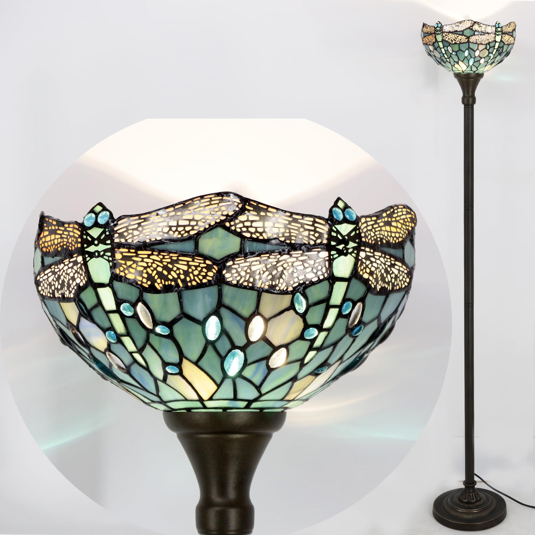 WERFACTORY Tiffany Floor Lamp Sea Blue Stained Glass Dragonfly Light 12X12X66 Inches Pole Torchiere Standing Corner Torch Uplight Decor Bedroom Living Room Home Office S147 Series