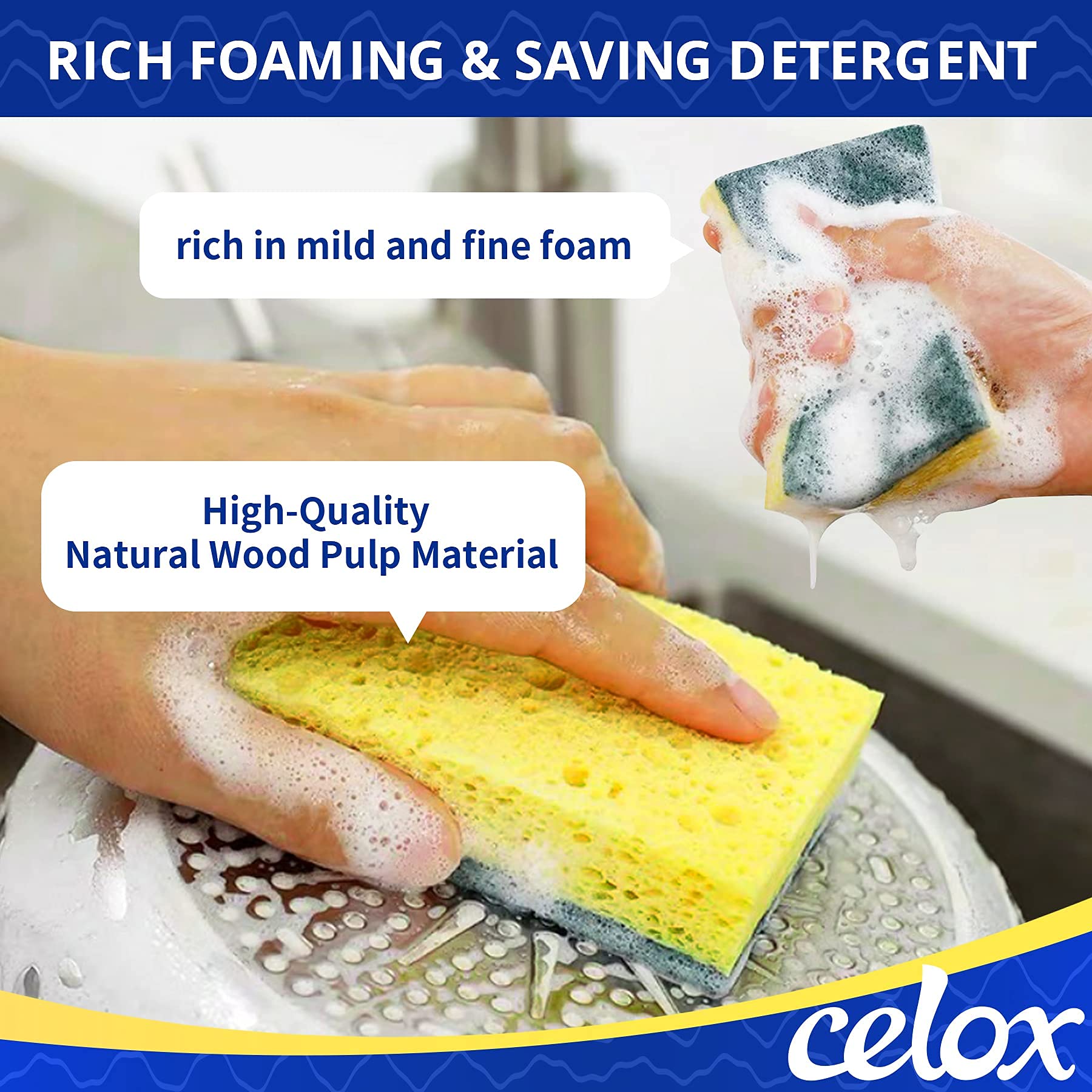 CELOX 12 Pack Dish Sponge for Kitchen, Dual Sided Scrub Sponge Heavy Duty, Non Scratch Sponges Perfect for Kitchen Dishwashing and Household Cleaning, Highly Absorbent and Easy to Dry for Reuse