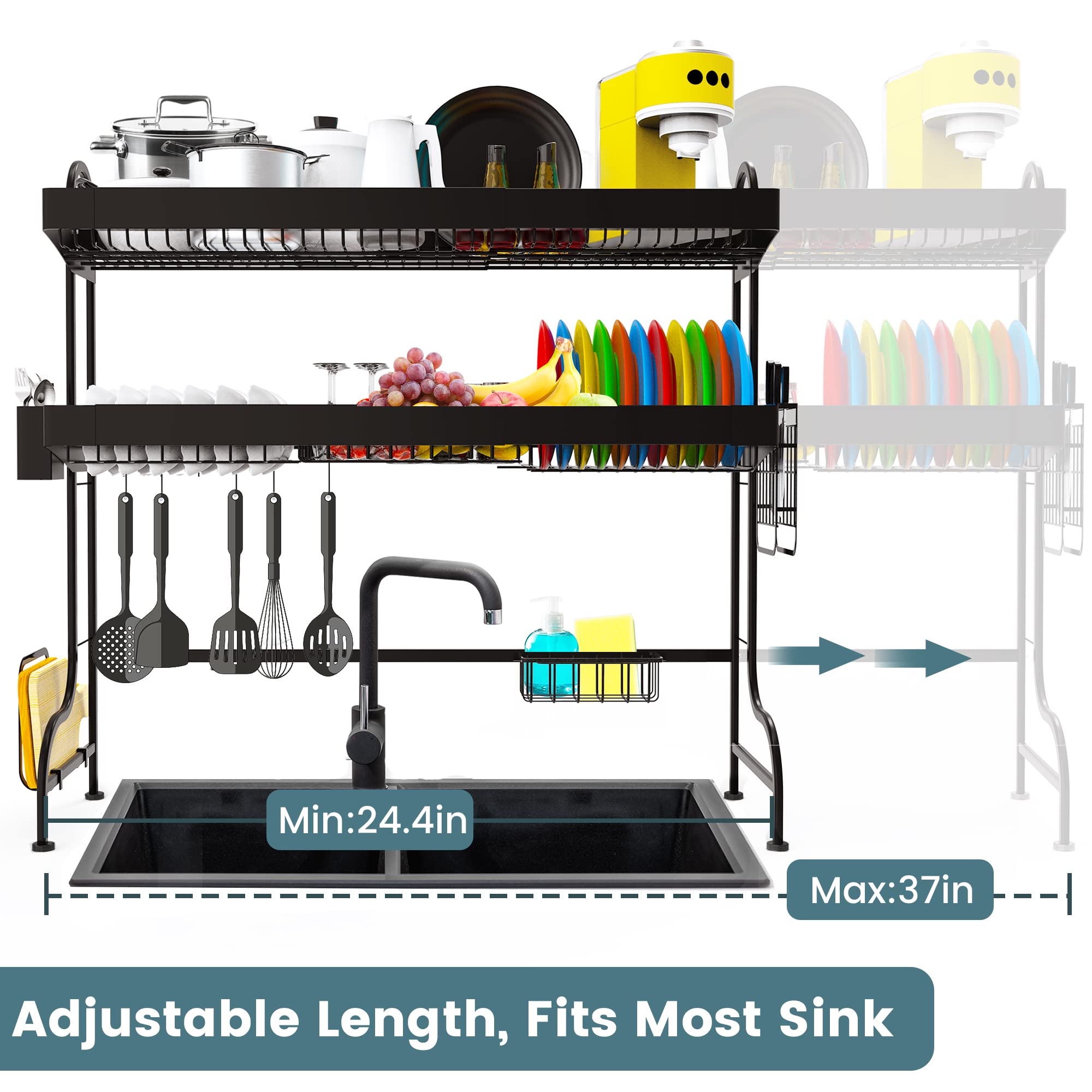 ULG Over The Sink Dish Drying Rack, 3 Tier Stainless Steel Length Adjustable (24.4"-37") Kitchen Counter Organizer, Large Dish Rack Drainer for Space Saver Storage Shelf with 6 Utility Hooks