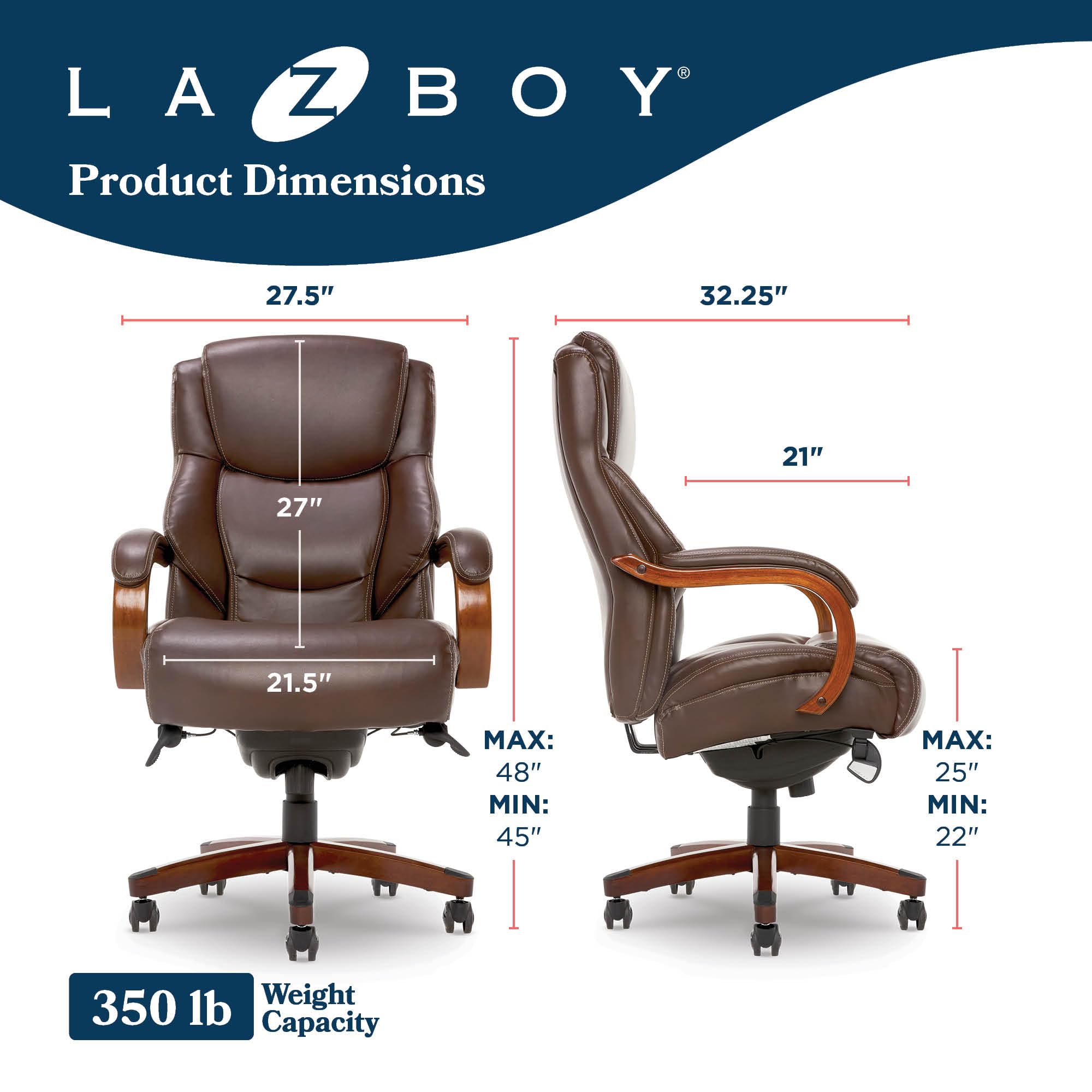 La-Z-Boy Delano Big & Tall Executive Office Chair | High Back Ergonomic Lumbar Support, Bonded Leather, Brown | 45833 model