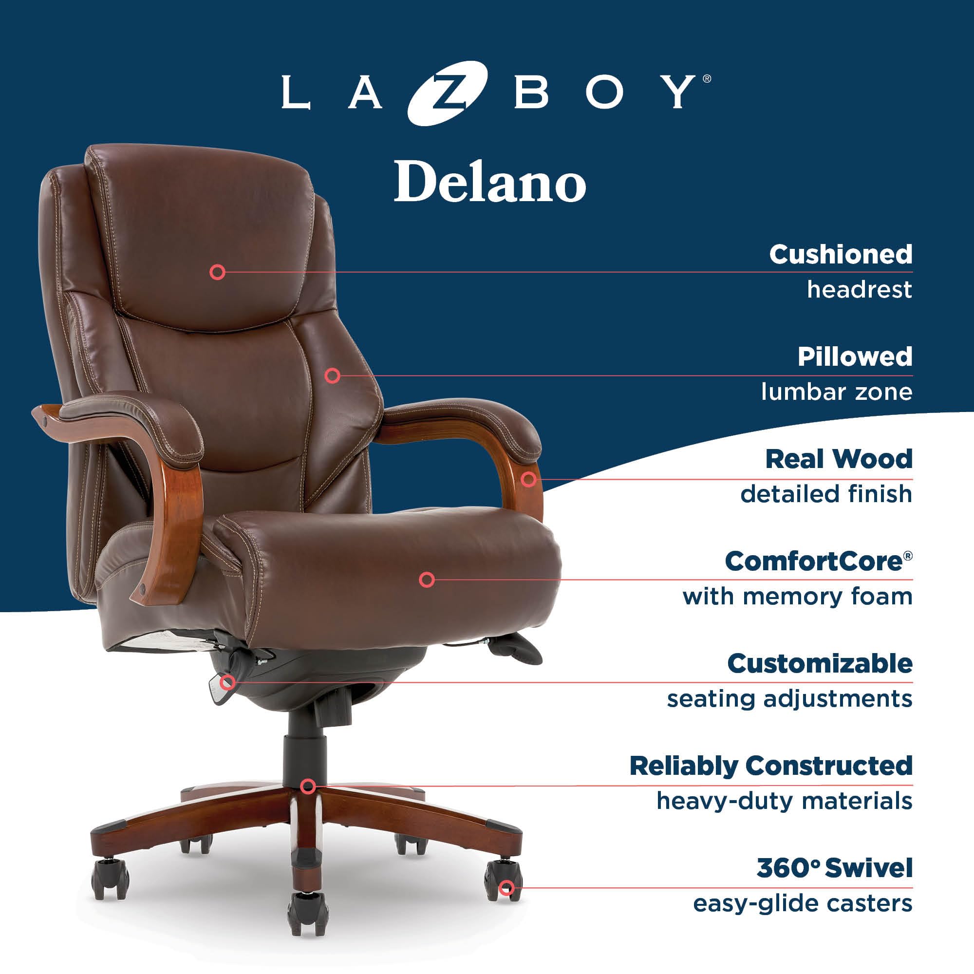 La-Z-Boy Delano Big & Tall Executive Office Chair | High Back Ergonomic Lumbar Support, Bonded Leather, Brown | 45833 model