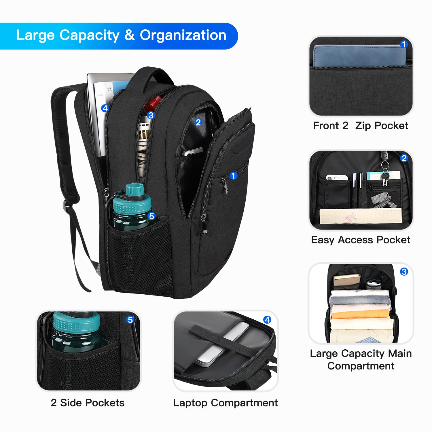 Z-MGKISS Travel Backpack, Large Laptop Backpack, TSA Carry On Backpack Flight Approved, Durable Business Gaming Backpack College School Backpack For Women Men with USB Fits 17.3 Inch Notebook, Black