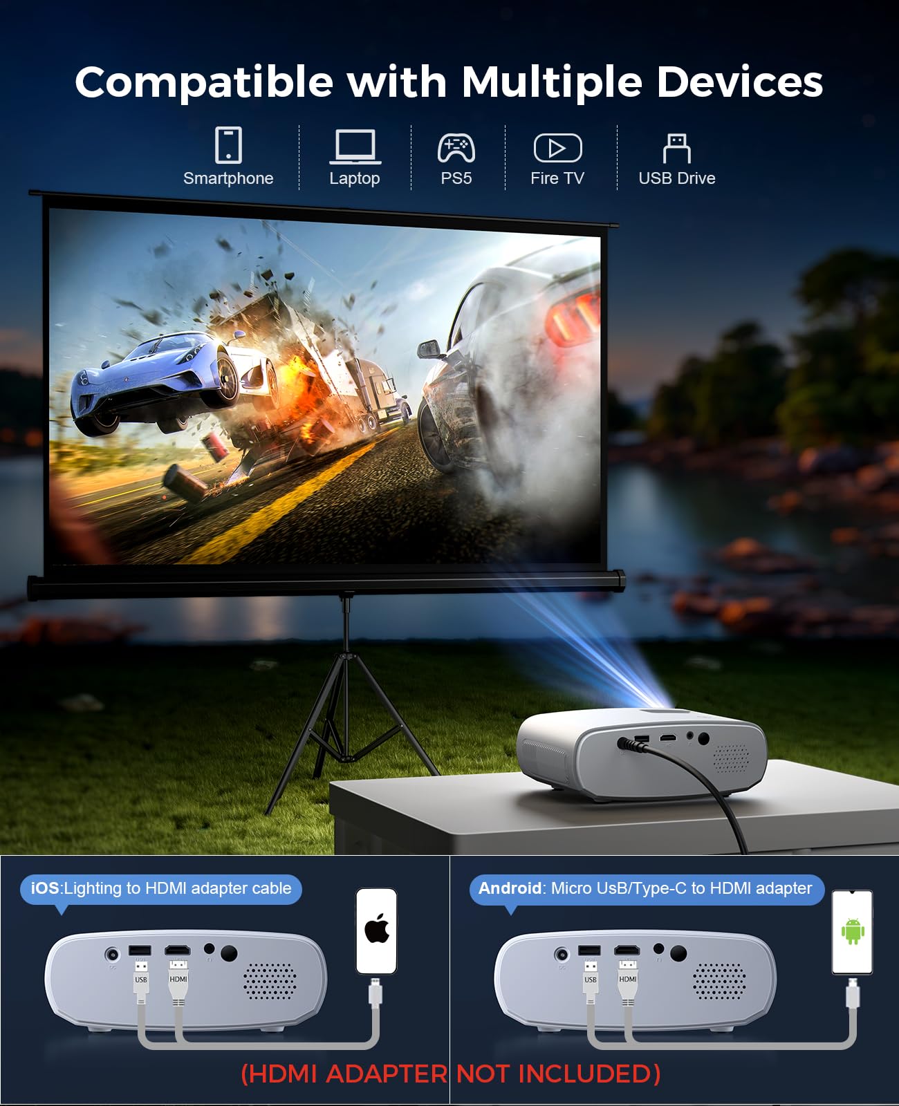 Mini Projector for iPhone, ELEPHAS 2023 Upgraded 1080P HD Projector, 8000L Portable Projector with Tripod and Carry Bag, Movie Projector Compatible with Android/iOS/Windows/TV Stick/HDMI/USB