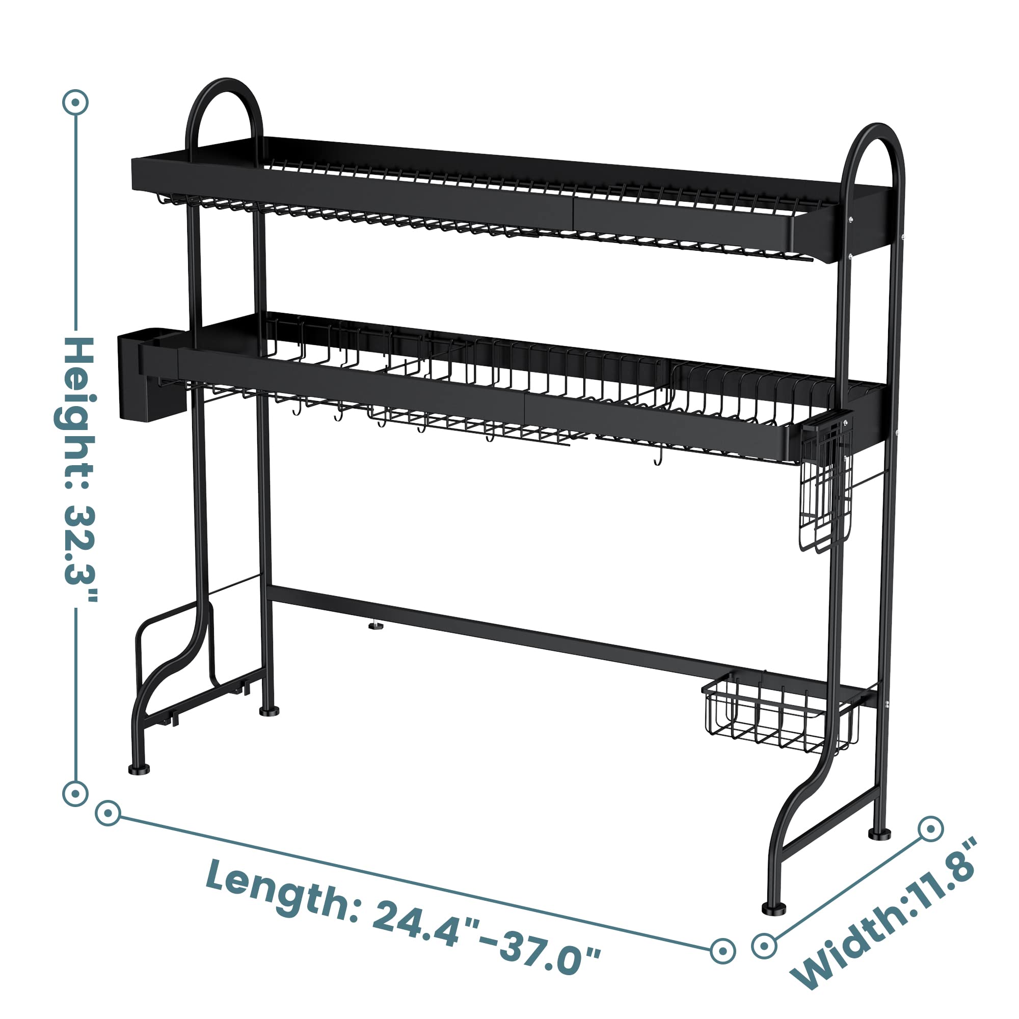 ULG Over The Sink Dish Drying Rack, 3 Tier Stainless Steel Length Adjustable (24.4"-37") Kitchen Counter Organizer, Large Dish Rack Drainer for Space Saver Storage Shelf with 6 Utility Hooks