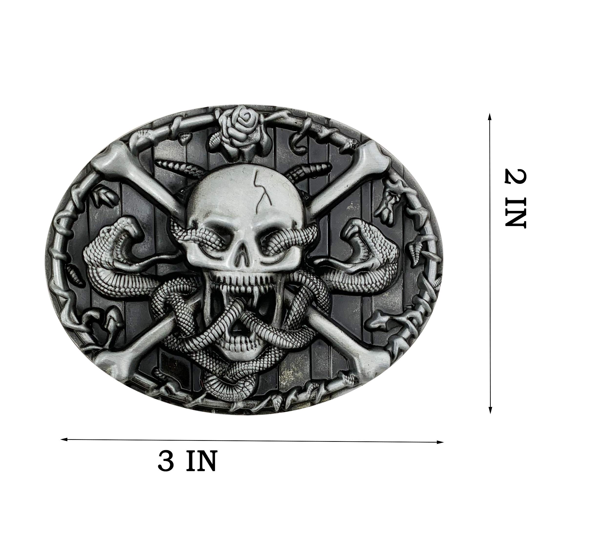 LAXPICOL Western Cowboy Cross Skull Snake Belt Buckle For Men Grey Tone Black Enamel