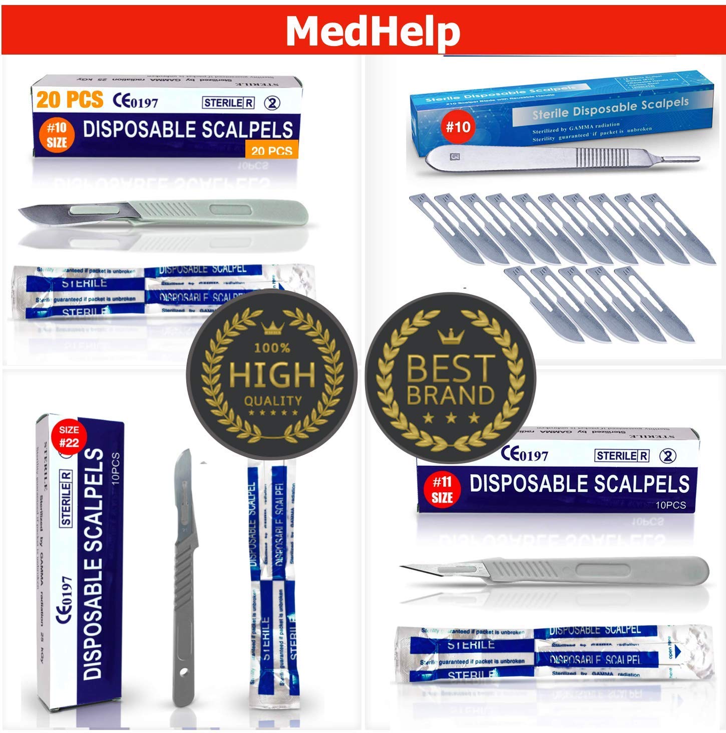 MedHelp Disposable Scalpel 23 Disposable Dermaplaning Blades with Plastic Handle, High Carbon Steel Dermablade Blades. Individually Wrapped 10 Blade, Sterile - Box of 10