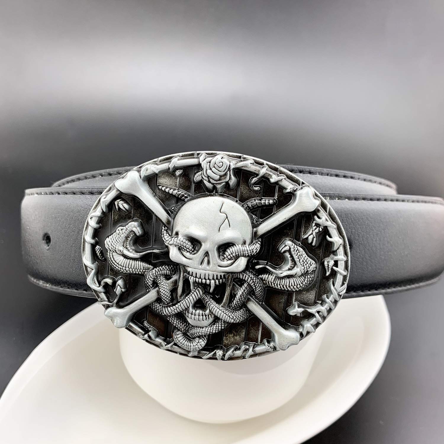 LAXPICOL Western Cowboy Cross Skull Snake Belt Buckle For Men Grey Tone Black Enamel