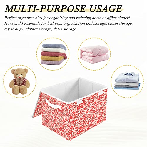 Kigai Small Red Flowers Storage Basket with Lid Collapsible Storage Bin Fabric Box Closet Organizer for Home Bedroom Office 1 Pack