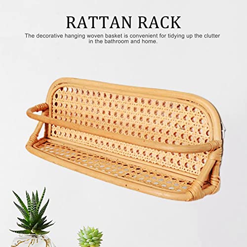 JIJO Rattan Wall Shelf Hand Crafted Natural Rattan Hanging Rack Wall Storage Shelf for Bathroom Kitchen Living Room