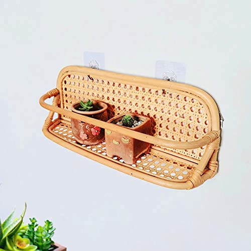JIJO Rattan Wall Shelf Hand Crafted Natural Rattan Hanging Rack Wall Storage Shelf for Bathroom Kitchen Living Room