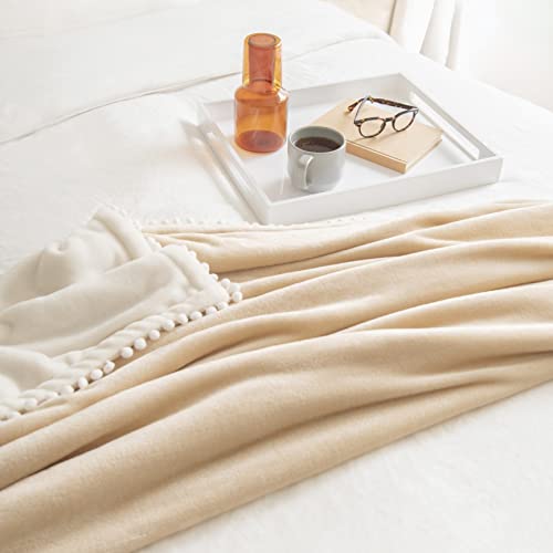 MONDAY MOOSE Cozy Fleece Throw Blanket with Pom Pom Fringe, Super Soft Lightweight Microfiber Flannel Blanket, Double-Sided Designs, for Couch Bed Sofa Home Decor (50x60 inch, Cream/Light Brown)
