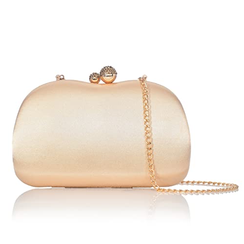 Classic Satin Evening Clutch Bag with Elegant Rhinestone Embellished for Formal Occasion Wedding Bridal Graduation Party (Gold)