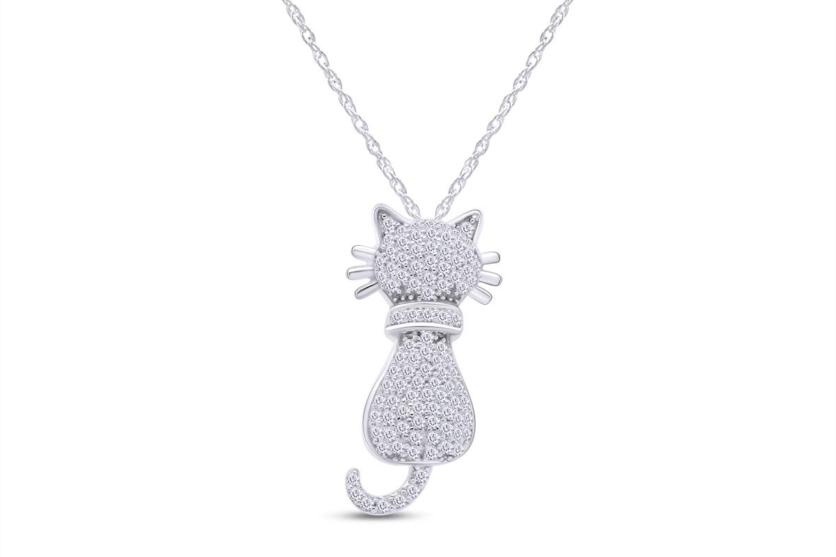 THE JEWEL ZONE White Natural Diamond Fashion Cat Pendant Necklace in 14k White Gold Over Sterling Silver (0.33 Ct)