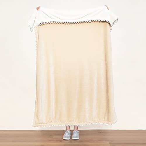 MONDAY MOOSE Cozy Fleece Throw Blanket with Pom Pom Fringe, Super Soft Lightweight Microfiber Flannel Blanket, Double-Sided Designs, for Couch Bed Sofa Home Decor (50x60 inch, Cream/Light Brown)