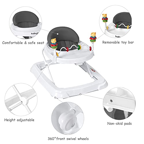 INFANS Foldable Baby Walker, Toddler Activity Walker Helper with Adjustable Height, Safety Belt, High Back Padded Seat for Kids Boys and Girls (Gray)