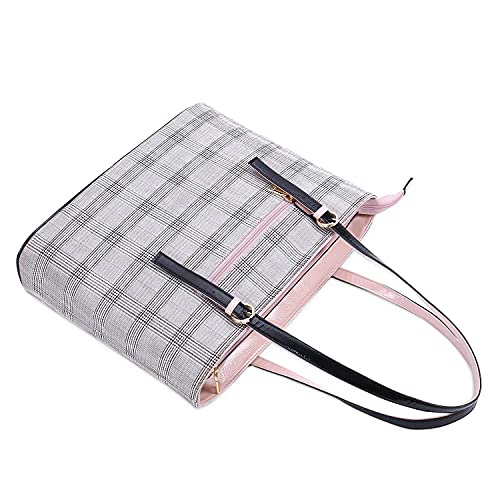 MOSISO Laptop Tote Bag Compatible with MacBook, 17-17.3 inch Notebook and Chromebook, PU Leather Large Capacity Work Bag Travel Hanbag with Grid MO-GID002LTBR
