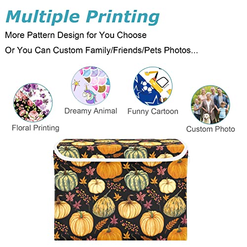 CaTaKu Pumpkins Fall Leaves Storage Bins with Lids and Handles, Fabric Large Storage Container Cube Basket with Lid Decorative Storage Boxes for Organizing Clothes