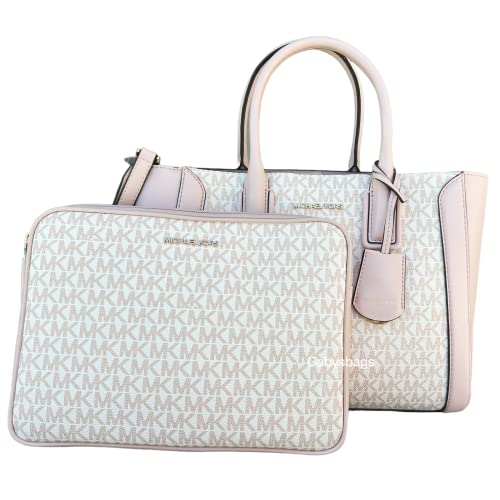 Michael Kors Kali Medium Satchel Tote Crossbody Signature MK + Ipad Case (Pink Optic White Rose Gold)