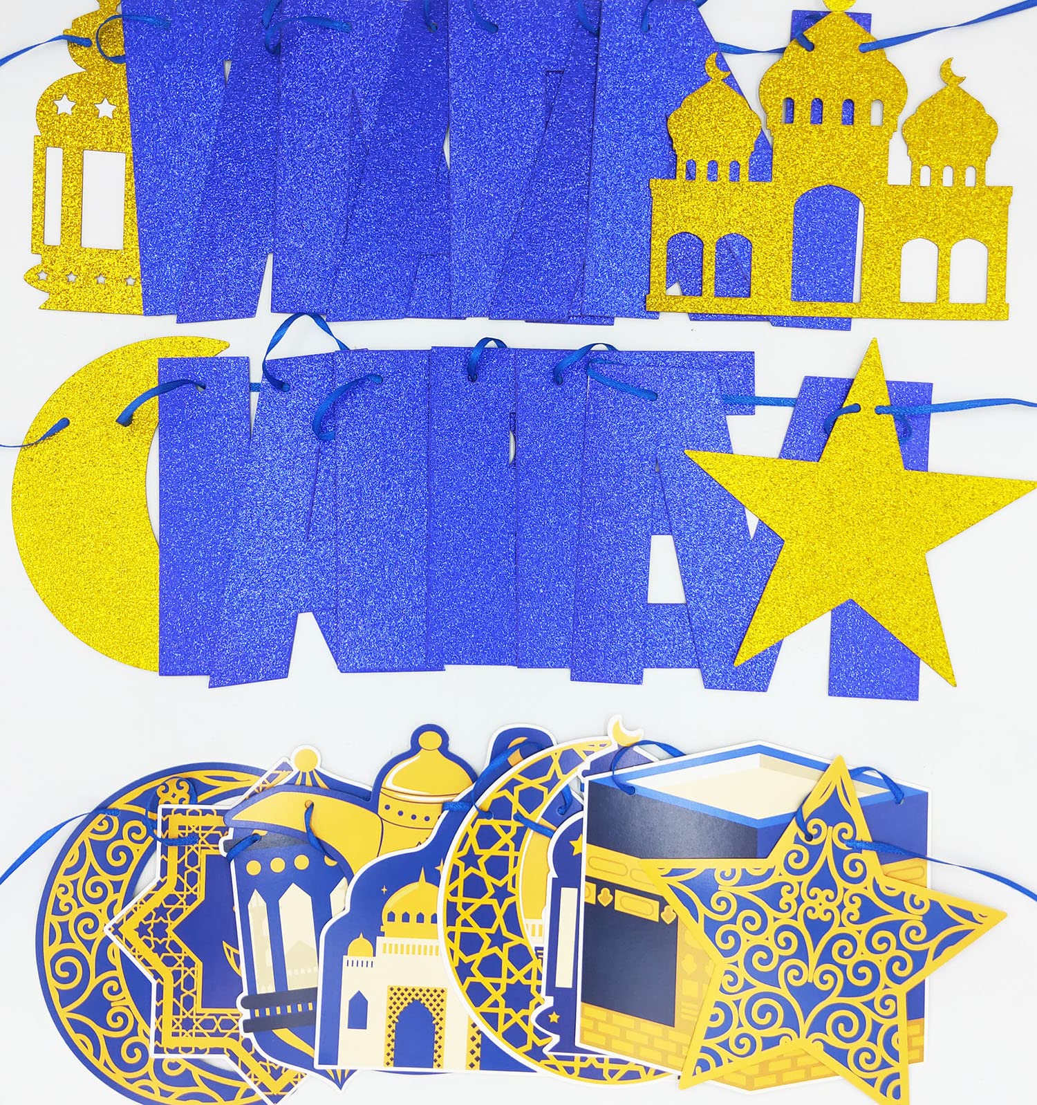 JKQ Blue Glitter Ramadan Kareem Banner and Lantern Star Moon Castle Pattern Banner Muslim Ramadan Mubarak Garland Banner Islamic Eid Mubarak Festival Celebration Party Fireplace Decorations