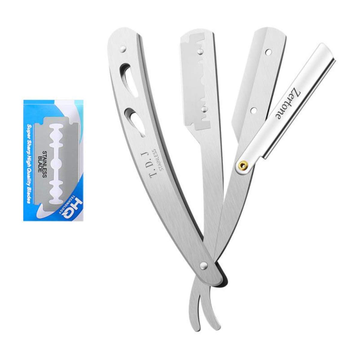 Zertone Straight Razors for Men Kit, Straight Razor with 10 Double Edge Blades - Professional and Close Shaving Straight Edge Razor - Manual Shaver with Barber Razor Blade (Silver)
