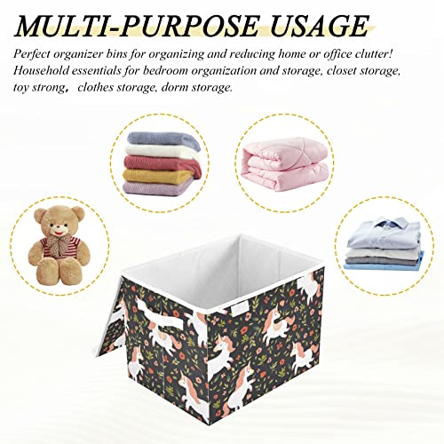 SUABO Cute White Unicorns Flowers Storage Bin with Lid Large Oxford Cloth Storage Boxes Foldable Home Cube Baskets Closet Organizers for Nursery Bedroom Office