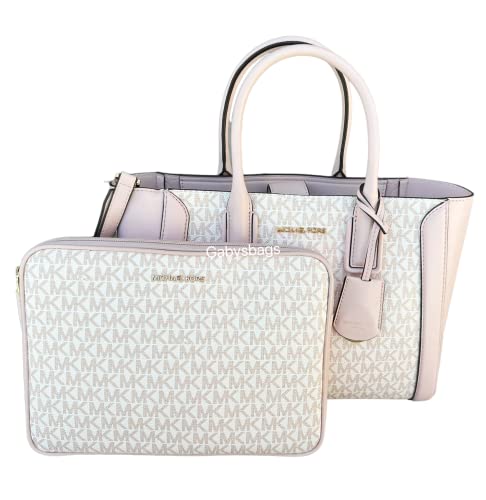 Michael Kors Kali Medium Satchel Tote Crossbody Signature MK + Ipad Case (Pink Optic White Rose Gold)