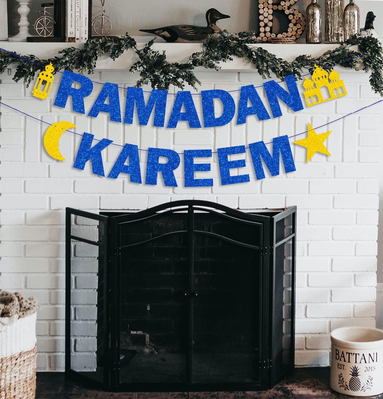 JKQ Blue Glitter Ramadan Kareem Banner and Lantern Star Moon Castle Pattern Banner Muslim Ramadan Mubarak Garland Banner Islamic Eid Mubarak Festival Celebration Party Fireplace Decorations
