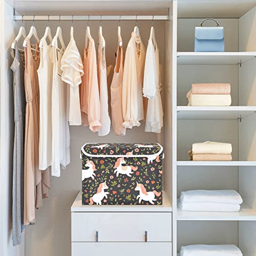 SUABO Cute White Unicorns Flowers Storage Bin with Lid Large Oxford Cloth Storage Boxes Foldable Home Cube Baskets Closet Organizers for Nursery Bedroom Office