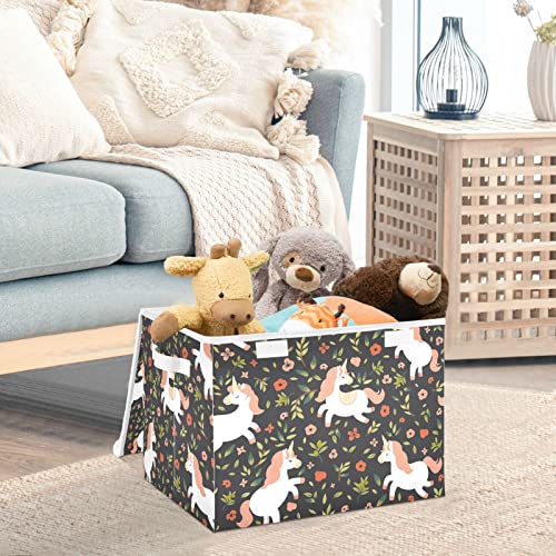 SUABO Cute White Unicorns Flowers Storage Bin with Lid Large Oxford Cloth Storage Boxes Foldable Home Cube Baskets Closet Organizers for Nursery Bedroom Office