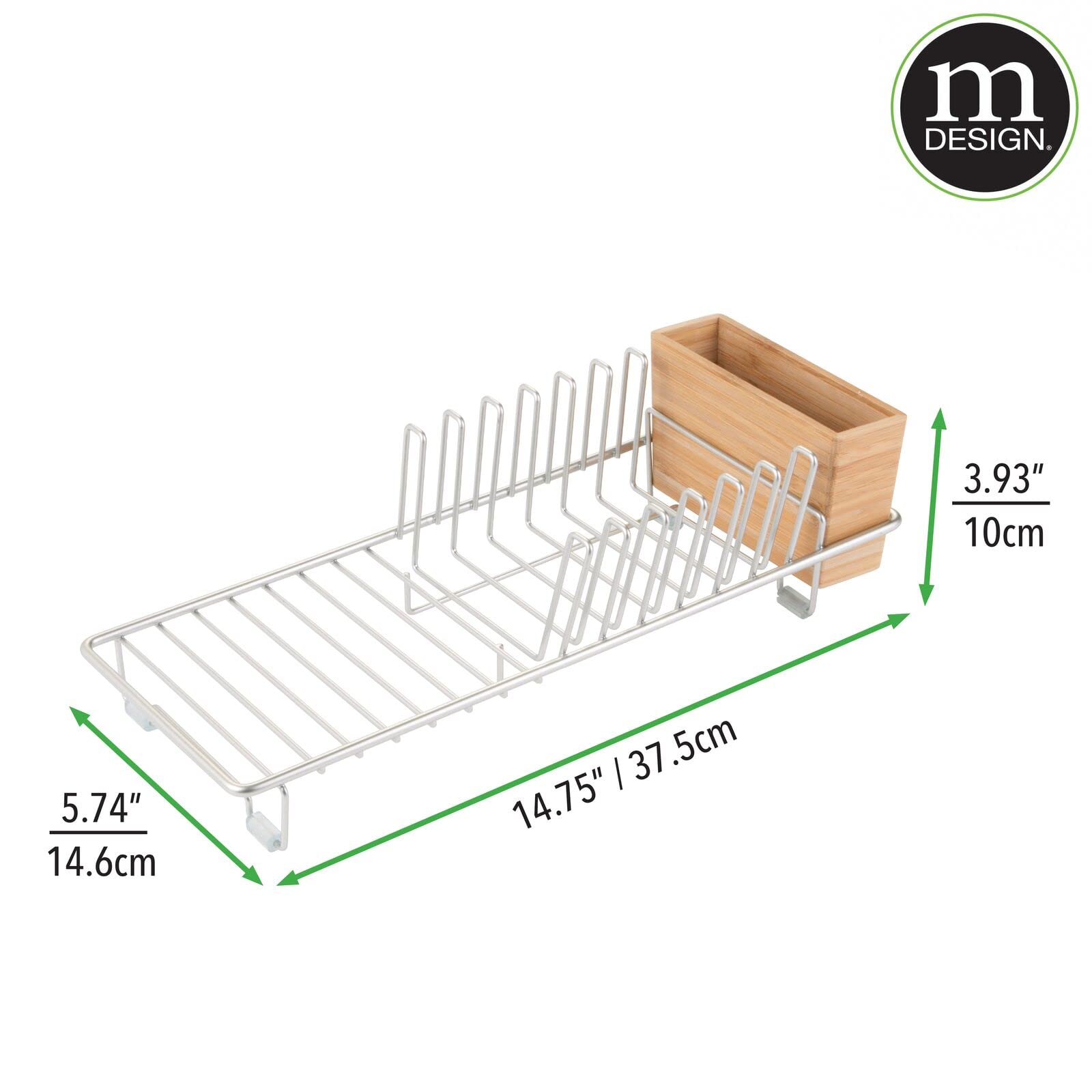 mDesign Compact Modern Kitchen Countertop, Sink Dish Drying Rack, Removable Cutlery Tray - Drain and Dry Wine Glasses, Bowls and Dishes - Metal Wire Drainer in Satin with Natural Bamboo Caddy