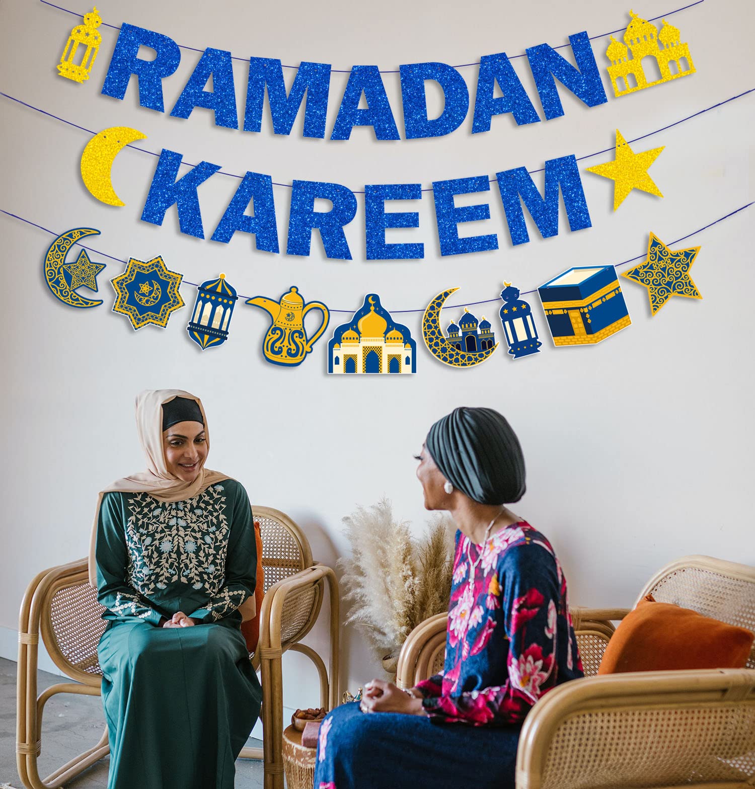 JKQ Blue Glitter Ramadan Kareem Banner and Lantern Star Moon Castle Pattern Banner Muslim Ramadan Mubarak Garland Banner Islamic Eid Mubarak Festival Celebration Party Fireplace Decorations