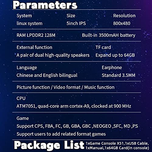 X51 Handheld Game Console 5.0 inch Pro Retro Games Consoles Classic Video Games Built-in Preinstalled Rechargeable Battery Portable Style Gaming Consoles 64GB Blue Red
