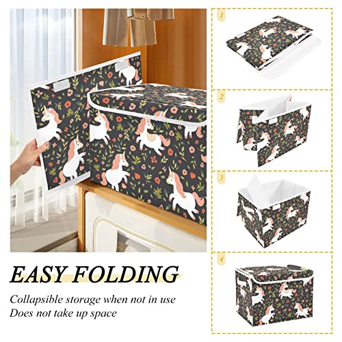SUABO Cute White Unicorns Flowers Storage Bin with Lid Large Oxford Cloth Storage Boxes Foldable Home Cube Baskets Closet Organizers for Nursery Bedroom Office