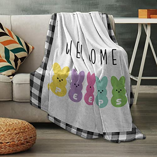 Flannel Fleece Blanket Soft Comfy Throw Blankets 50x60in Easter Colorful Cartoon Rabbit Peeps Warm Cozy Fluffy Plush Lightweight Throw Blanket for Couch Bed Sofa Travel Quote and White Black Lattice