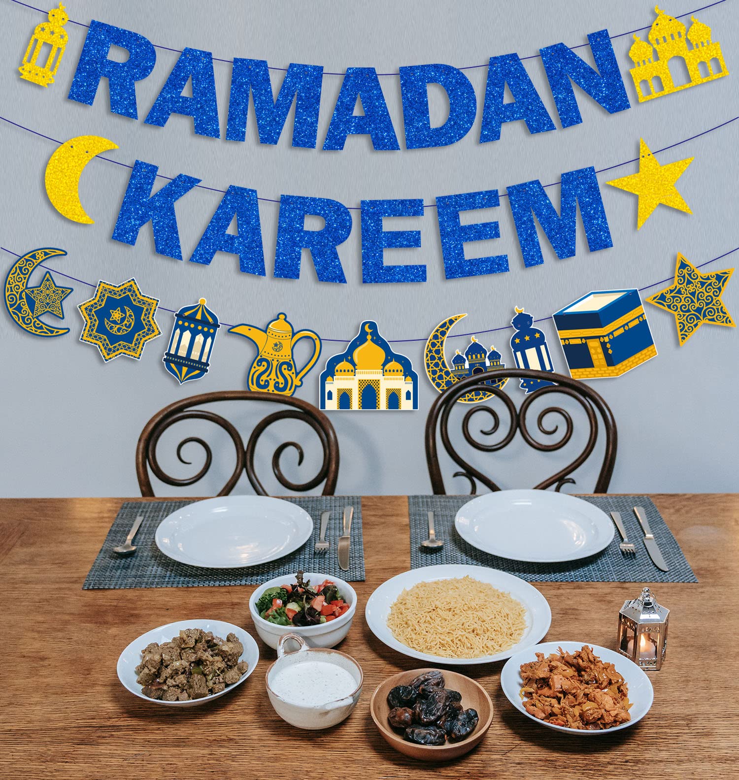 JKQ Blue Glitter Ramadan Kareem Banner and Lantern Star Moon Castle Pattern Banner Muslim Ramadan Mubarak Garland Banner Islamic Eid Mubarak Festival Celebration Party Fireplace Decorations
