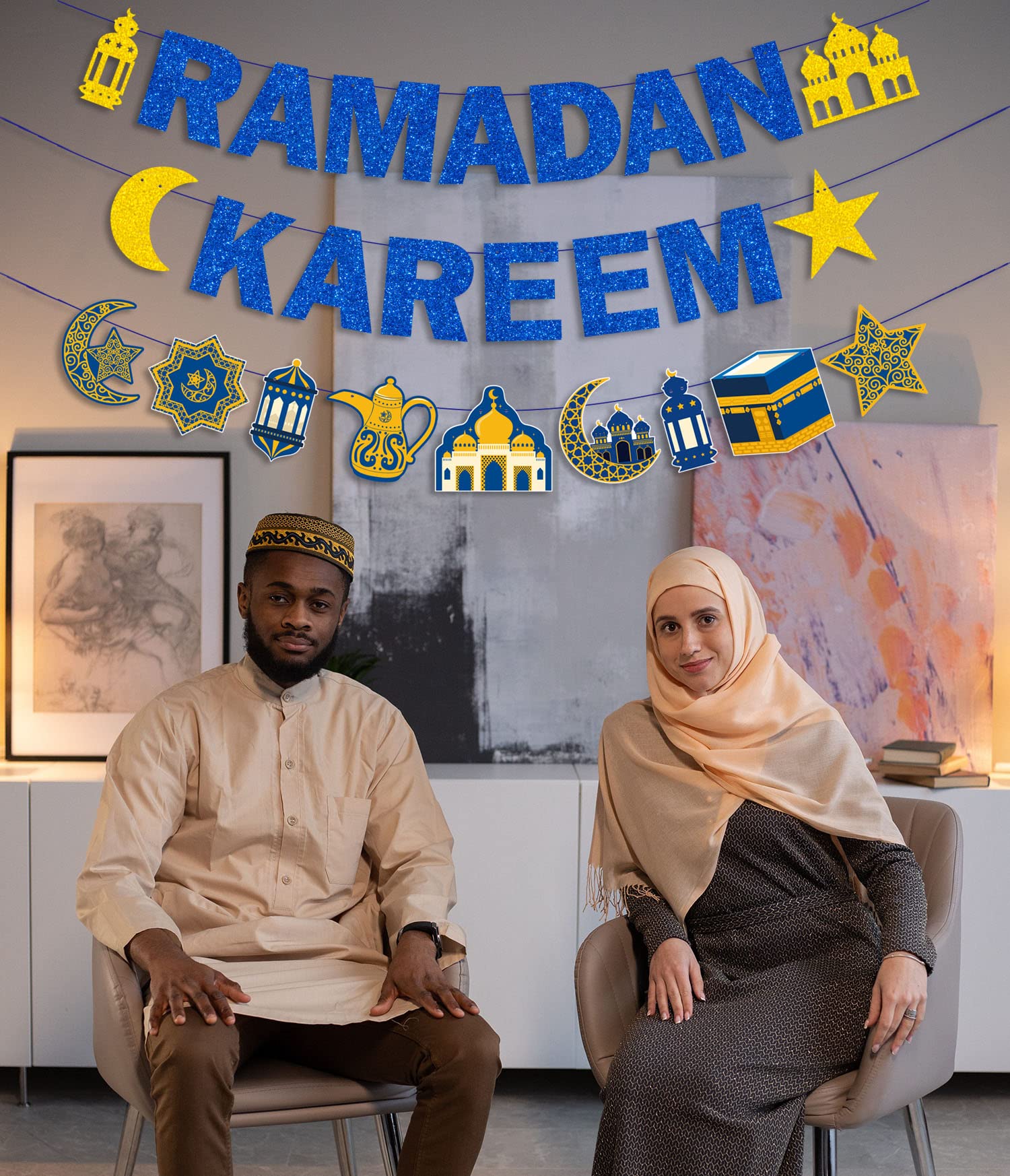 JKQ Blue Glitter Ramadan Kareem Banner and Lantern Star Moon Castle Pattern Banner Muslim Ramadan Mubarak Garland Banner Islamic Eid Mubarak Festival Celebration Party Fireplace Decorations