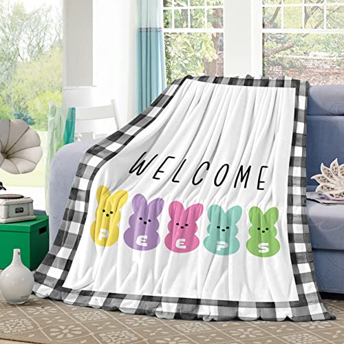 Flannel Fleece Blanket Soft Comfy Throw Blankets 50x60in Easter Colorful Cartoon Rabbit Peeps Warm Cozy Fluffy Plush Lightweight Throw Blanket for Couch Bed Sofa Travel Quote and White Black Lattice