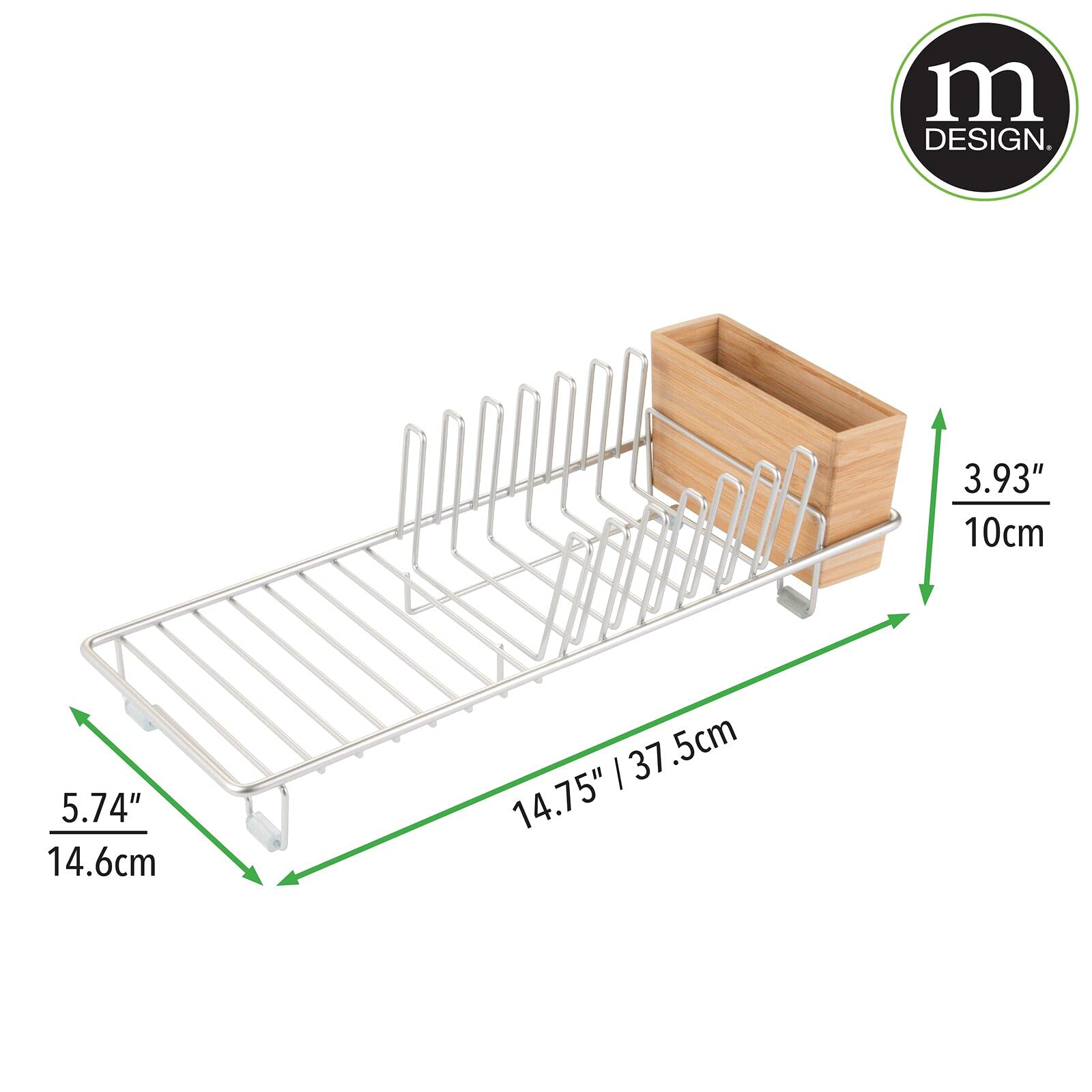 mDesign Compact Modern Kitchen Countertop, Sink Dish Drying Rack, Removable Cutlery Tray - Drain and Dry Wine Glasses, Bowls and Dishes - Metal Wire Drainer in Satin with Natural Bamboo Caddy