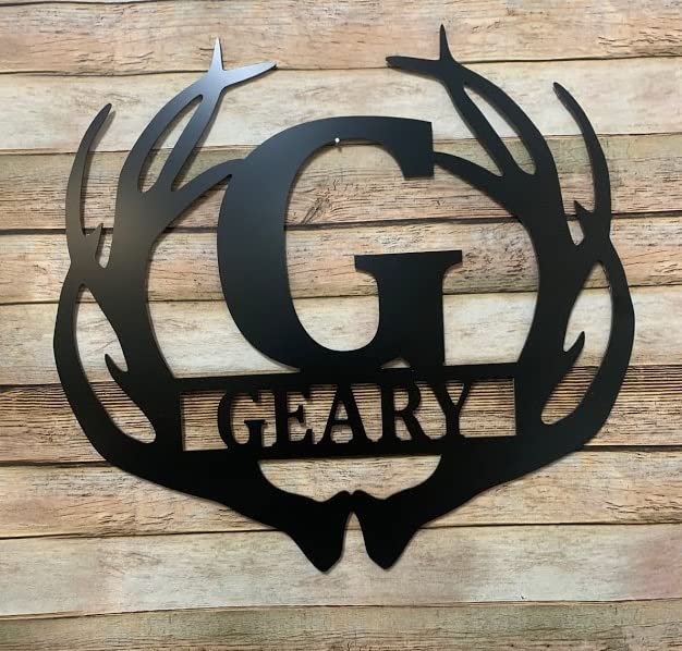 PK Décor Deer Antler Decor Family Last Name ACM Metal Sign For Man Cave, Couple Antler Initials, 18 or 24 inches, Last Minute Gift Idea for Him, Black, White, Silver, Gold