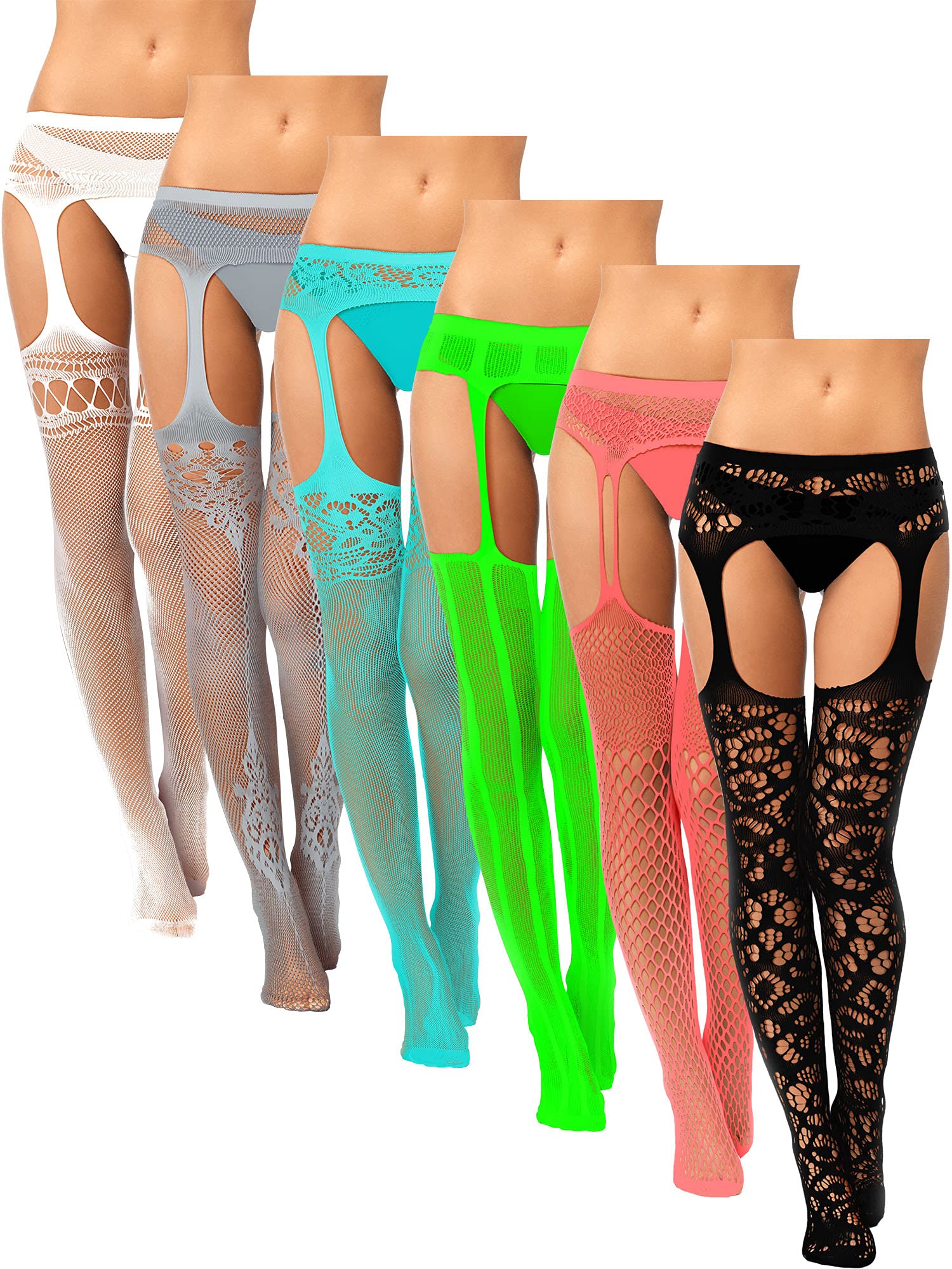 Skylety 6 Pairs Women Fishnet Thigh-High Stockings Tights Suspender Pantyhose Stockings for Women(X-Large-xx-large,White, Grey, Carmine, Light Blue, Fluorescent Green, Black)
