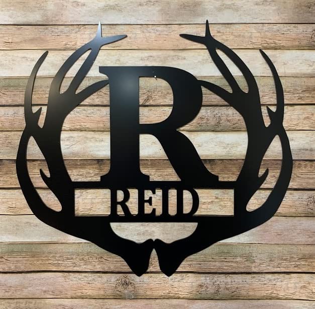 PK Décor Deer Antler Decor Family Last Name ACM Metal Sign For Man Cave, Couple Antler Initials, 18 or 24 inches, Last Minute Gift Idea for Him, Black, White, Silver, Gold