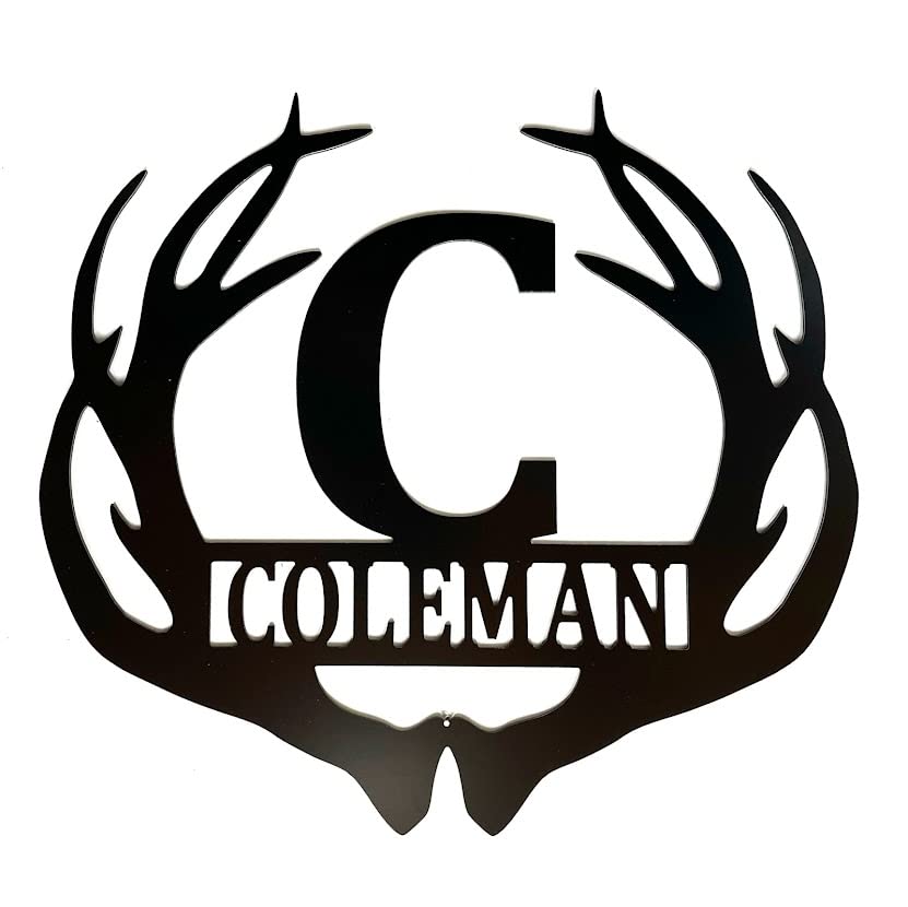 PK Décor Deer Antler Decor Family Last Name ACM Metal Sign For Man Cave, Couple Antler Initials, 18 or 24 inches, Last Minute Gift Idea for Him, Black, White, Silver, Gold