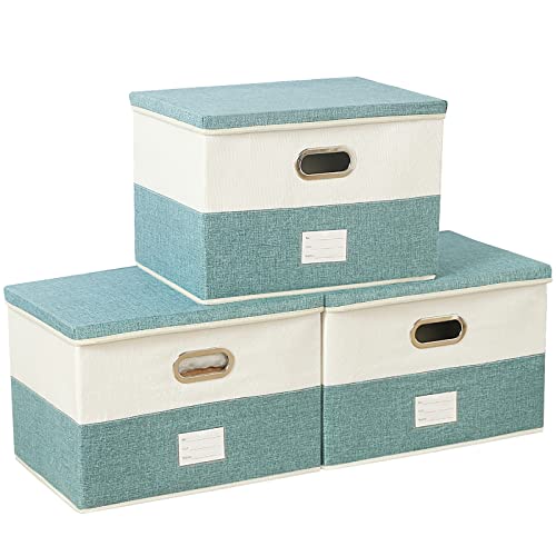SEEKIND Foldable Storage Bin with Lids [3-Pack] Fabric Decorative Storage Box Organizer Container Basket Cube with Handles for Space Saving Storage,for Clothes,Blankets(14.9x9.8x9.8) …