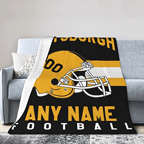 RUNMIND Pittsburgh Blanket Custom Blankets Personalized Fleece Throw Blankets Name Number for Fans Gifts, Black Yellow, 50''x40''/60''x50''/80''x60''